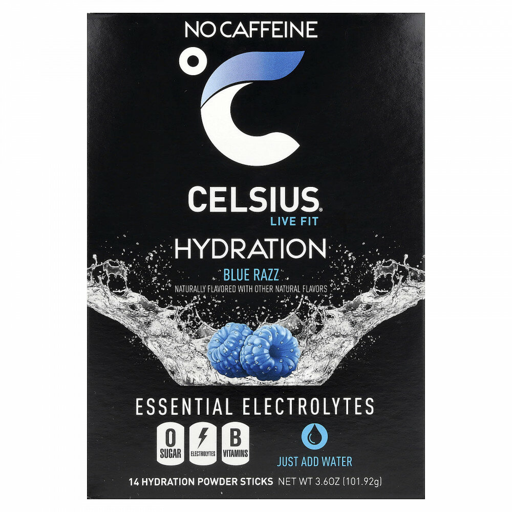 Celsius, Live Fit, увлажнение, незаменимые электролиты, без кофеина, синяя роза, 14 стиков в виде порошка для увлажнения, по 7,28 г (0,26 унции)