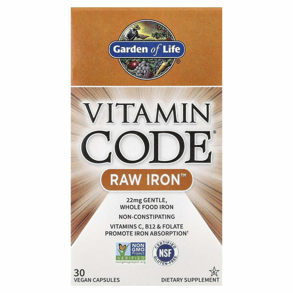 Garden of Life, Vitamin Code, необработанное железо, 30 веганских капсул