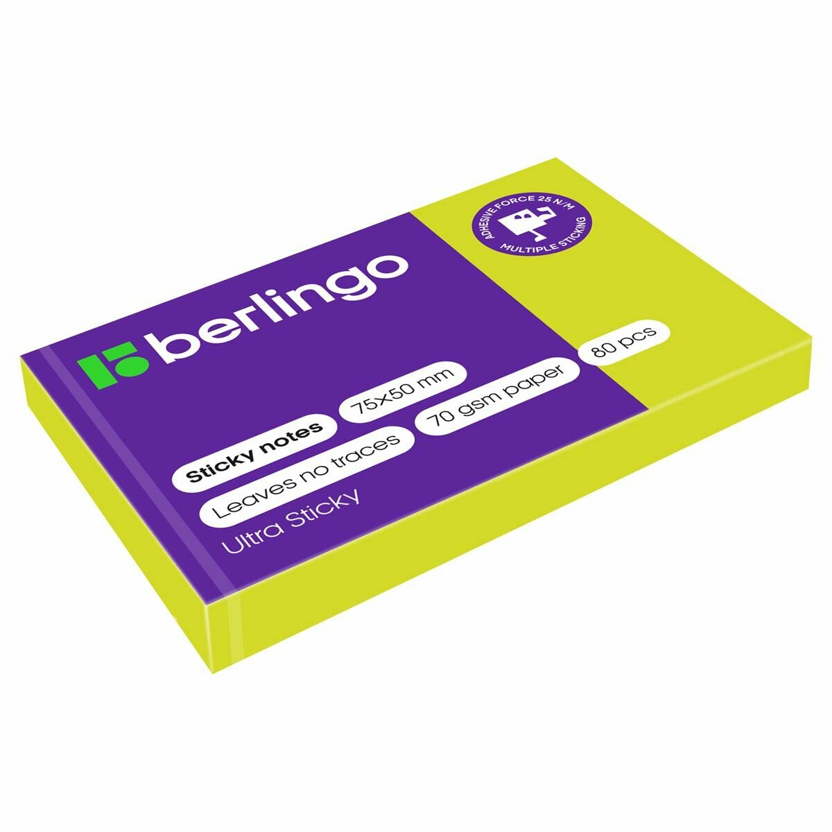 Блок самоклеящийся BERLINGO 50*75мм. "Ultra Sticky" 80л. неон, зеленый (LSn_39411)