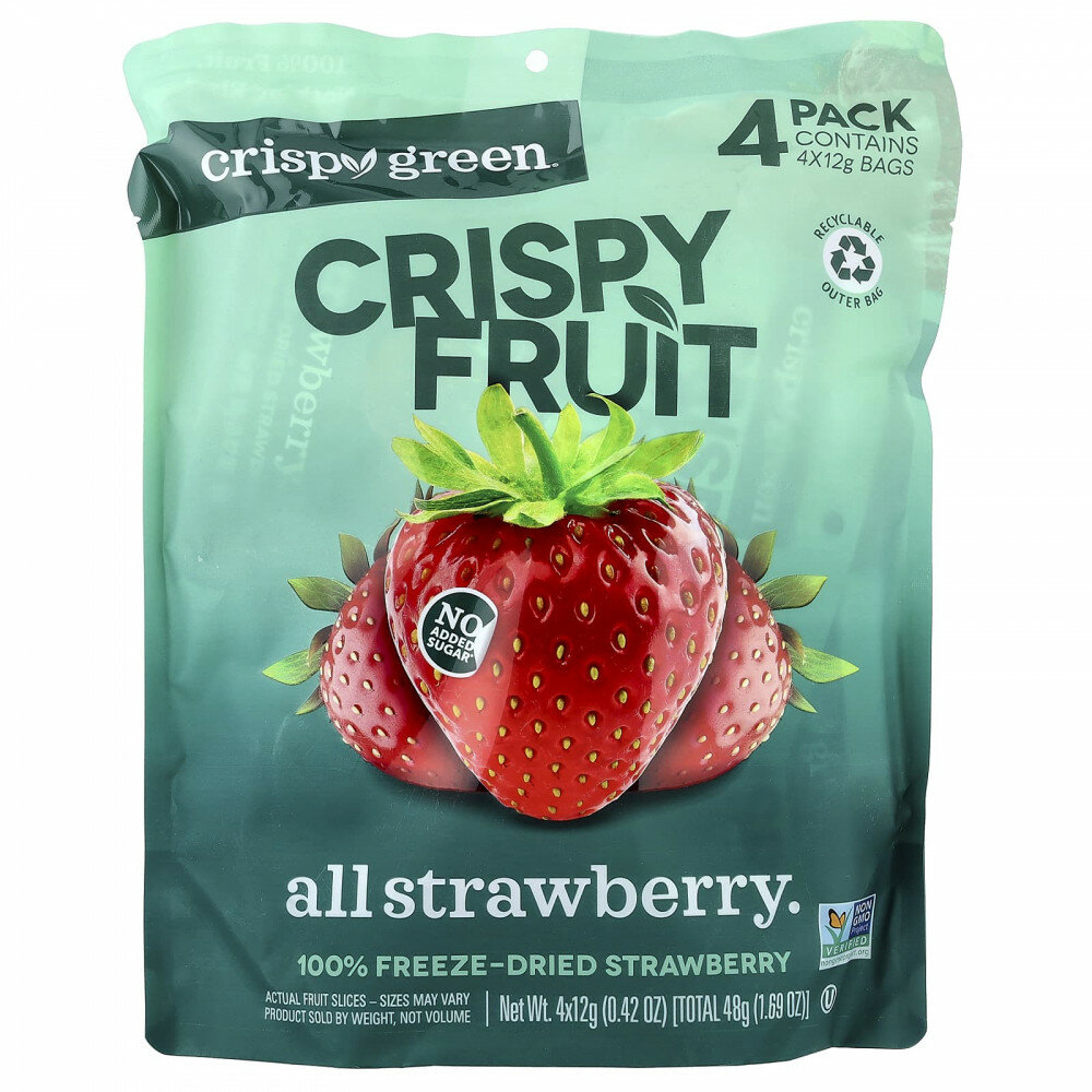 Crispy Green, Crispy Fruit, со вкусом клубники, 4 пакетика по 12 г (0,42 унции)