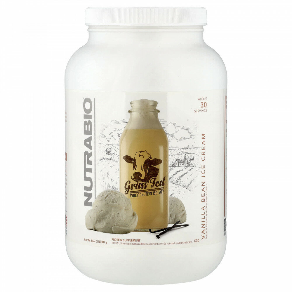 NutraBio, Изолят сывороточного протеина травяного откорма, ванильное мороженое, 907 г (2 фунта)