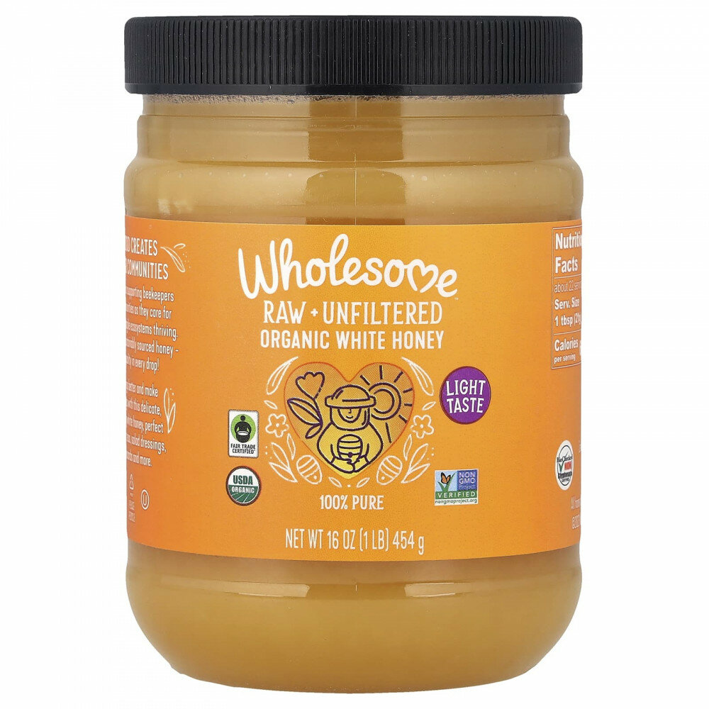 Wholesome Sweeteners, органический белый мед, сырой, нефильтрованный, 454 г (16 унций)
