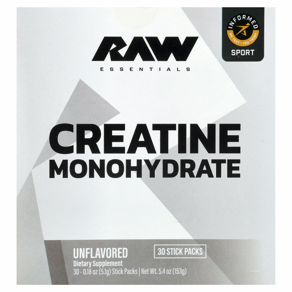 Raw Nutrition, Essentials, моногидрат креатина, без добавок, 30 пакетиков по 5,1 г (0,18 унции)