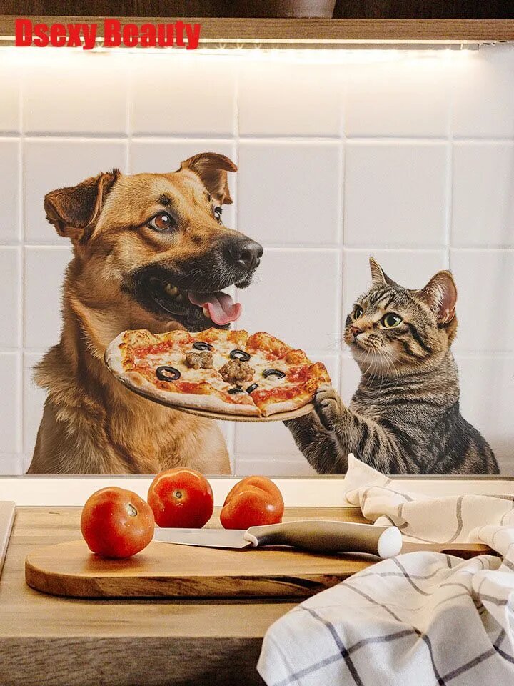 Наклейка на стену Щенок ест пиццу