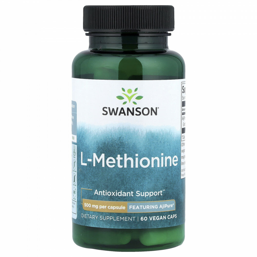 Swanson Vitamins, L-метионин, с AjiPure®, 500 мг, 60 веганских капсул