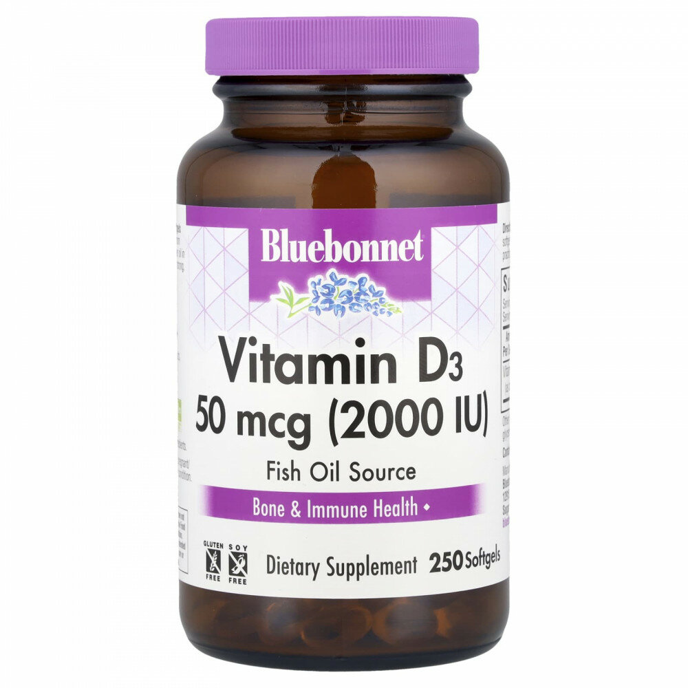 Bluebonnet Nutrition, витамин D3, 50 мкг (2000 МЕ), 250 капсул