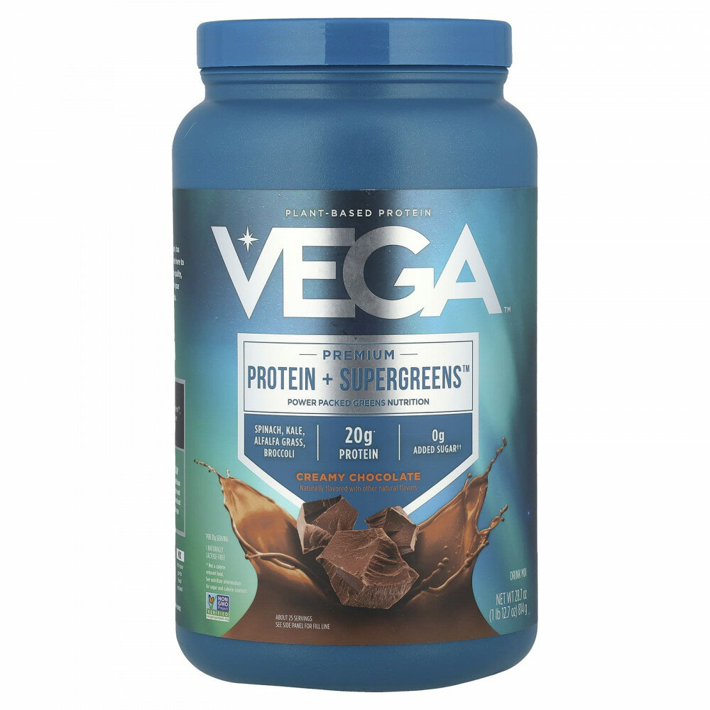 Vega, Растительный протеин, протеин премиального качества + Supergreens ™, сливочный шоколад, 814 г (1 фунт 12,7 унции)