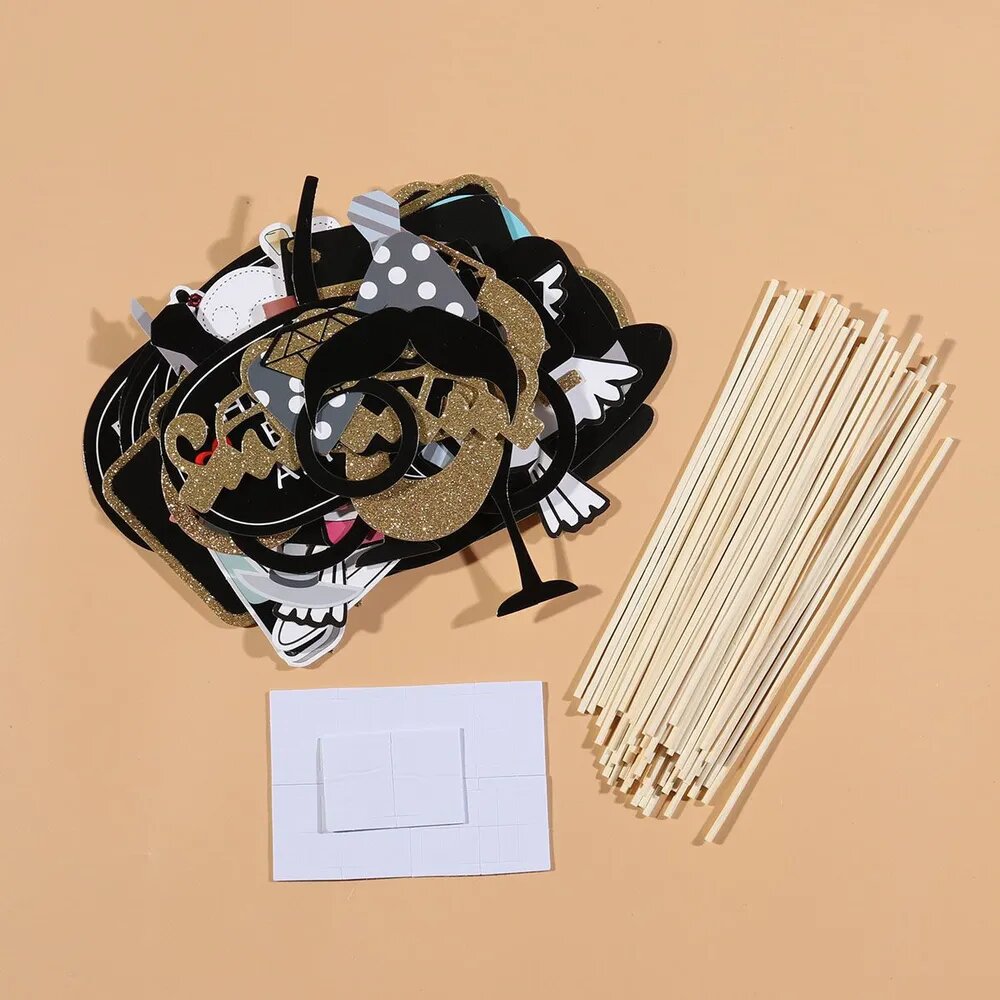 Набор бумажных усов с деревянными палочками для украшения фотобудки на праздники, 53 предмета