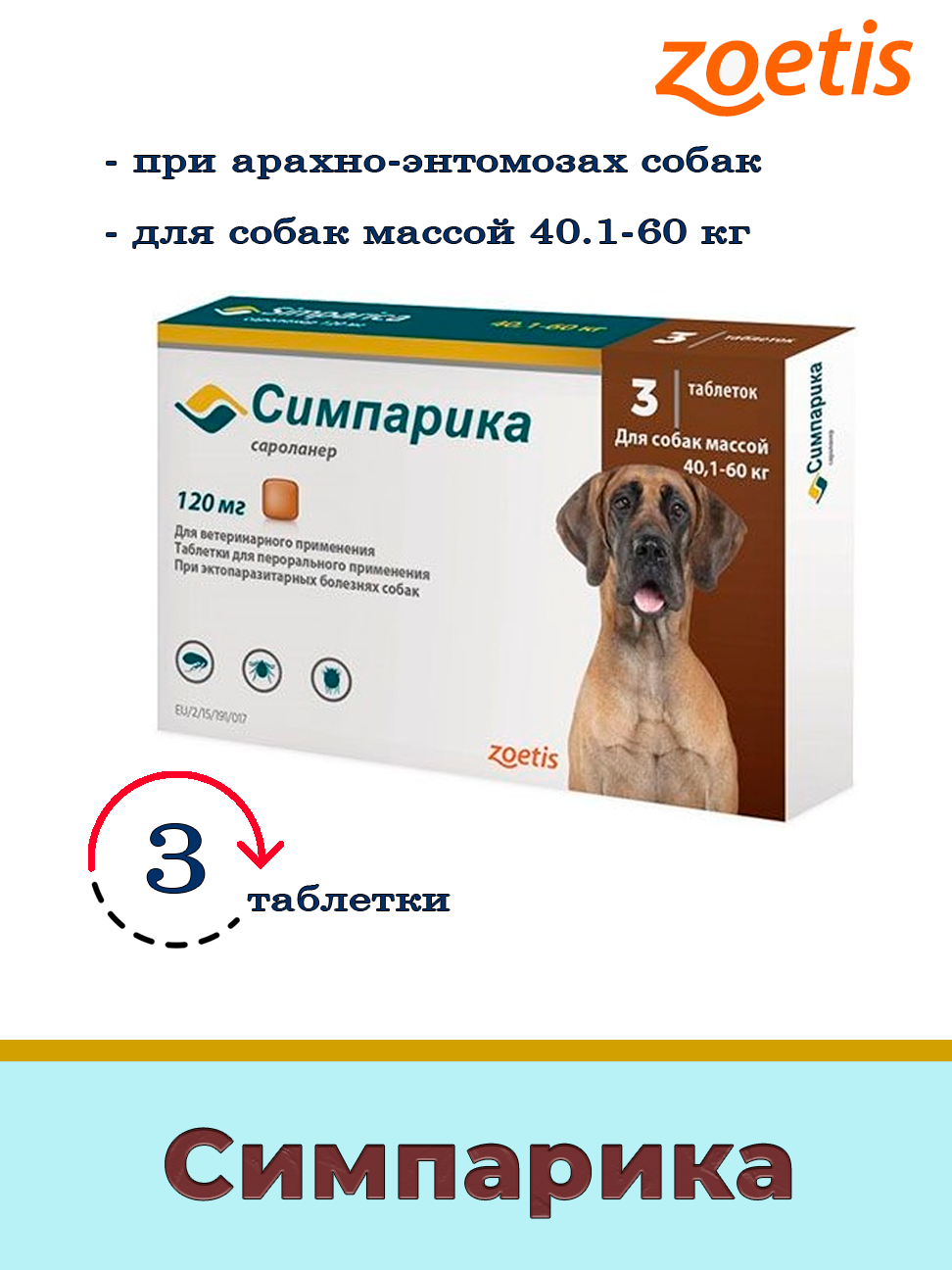 Zoetis таблетки от блох и клещей Симпарика для собак весом 40-60 кг, 120 мг 3 шт. в уп, 1 уп.