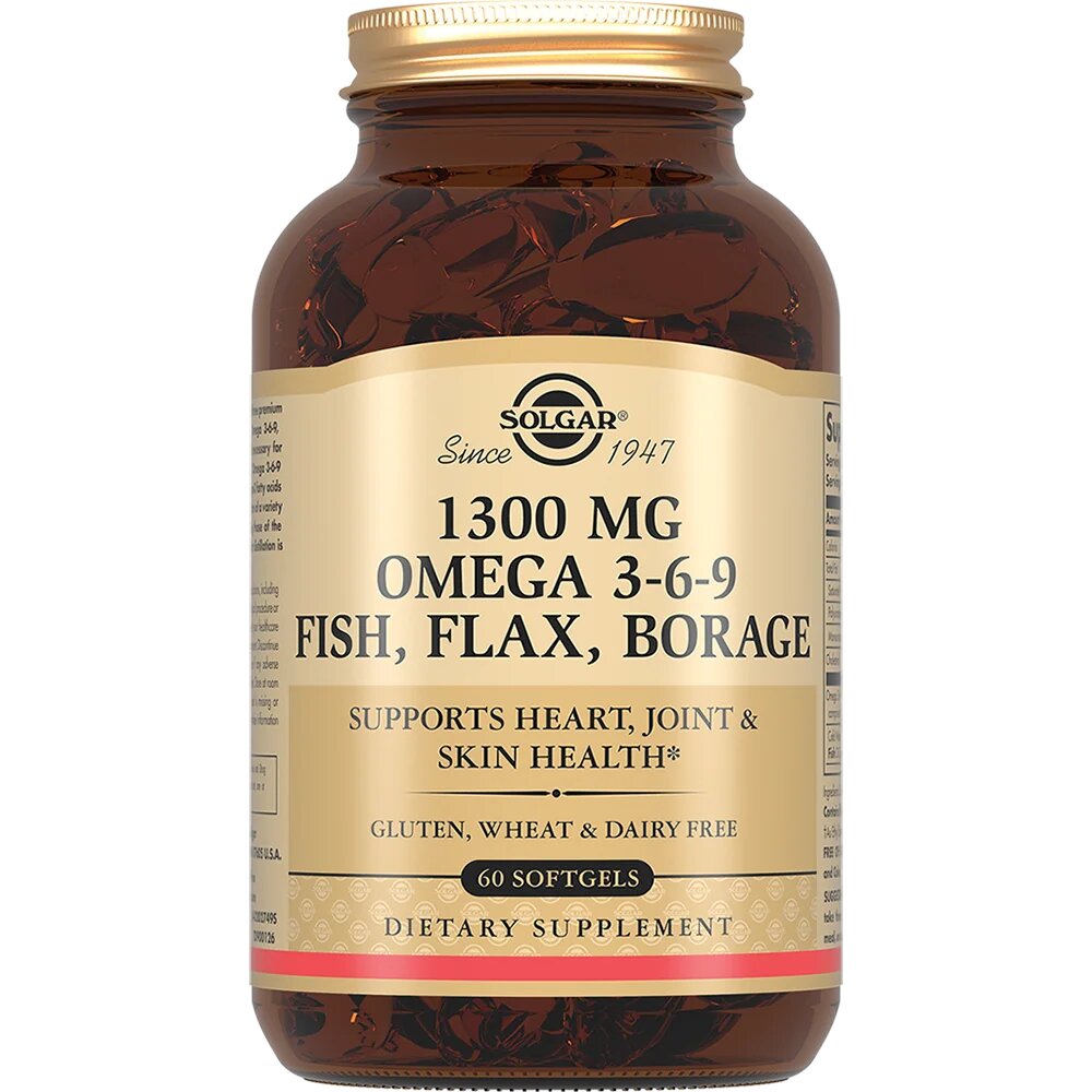 БАД Solgar Капсулы "Комплекс жирных кислот 1300 мг Омега З-6-9", 60 шт. 1300 mg Omega 3-6-9, Fish, Flax, Borage