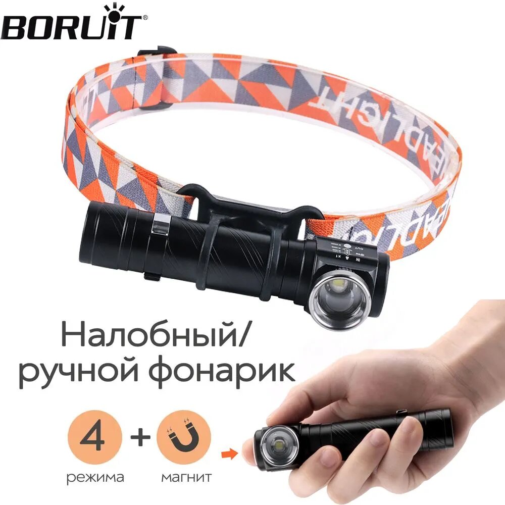 Налобный фонарь BORUIT RJ-1190, 4 режима работы, встроенный аккумулятор, влагозащита, красный свет, черный пластик