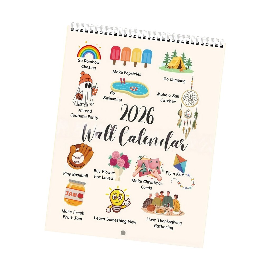 Календарь Веселых мероприятий на 2026 год с Двумя Катушками В Переплете, Настенный Ежемесячный Календарь-Планировщик на 12 Месяцев с января по декабрь Для Дома