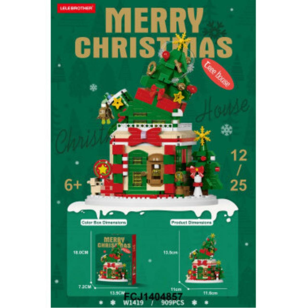Конструктор W1419 LELE BROTHER Домик с Рождественской Ёлкой 909 дет. 14X7X18