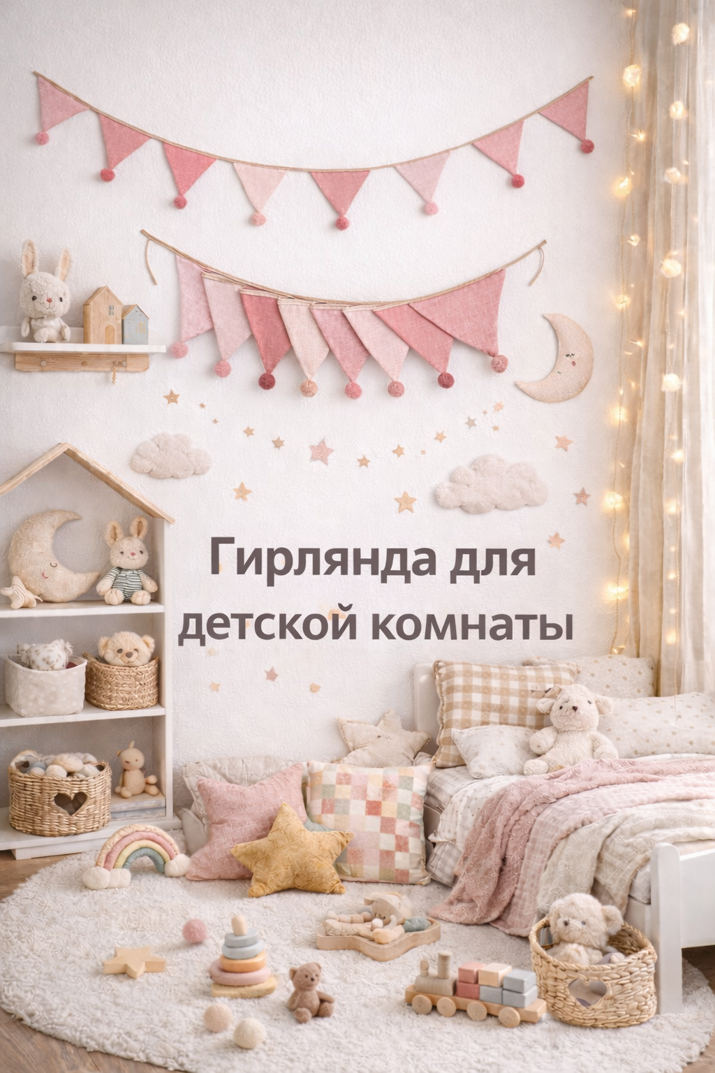 Декоративное украшение гирлянда из флажков Длина 2,55 м, текстильная гирлянда, гирлянда с помпонами Цвет Розовая палитра