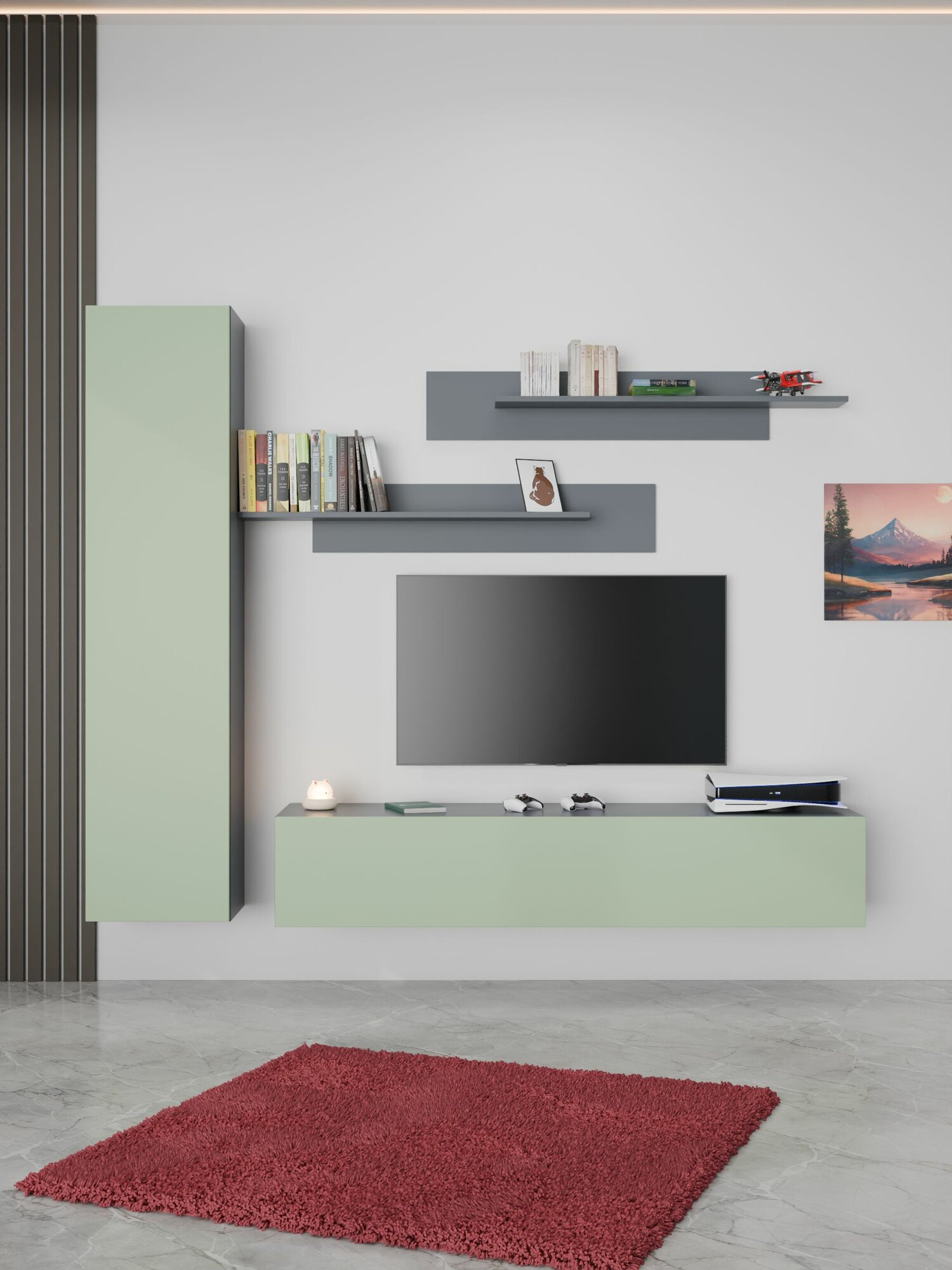 Стенка в гостиную, стенка для гостиной Флекс, подвесная 200х170х40 см (ШхВхГ), графит-мятный