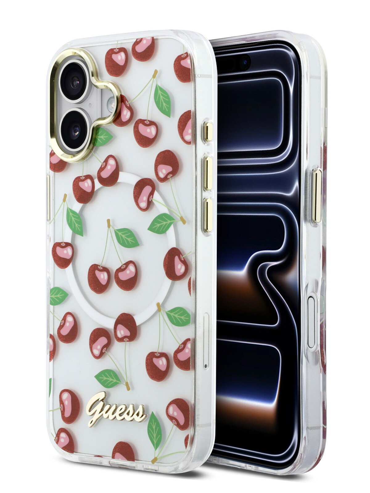 Чехол Guess на iPhone 17, с магнитами MagSafe, с принтом IML Cherry, прозрачный