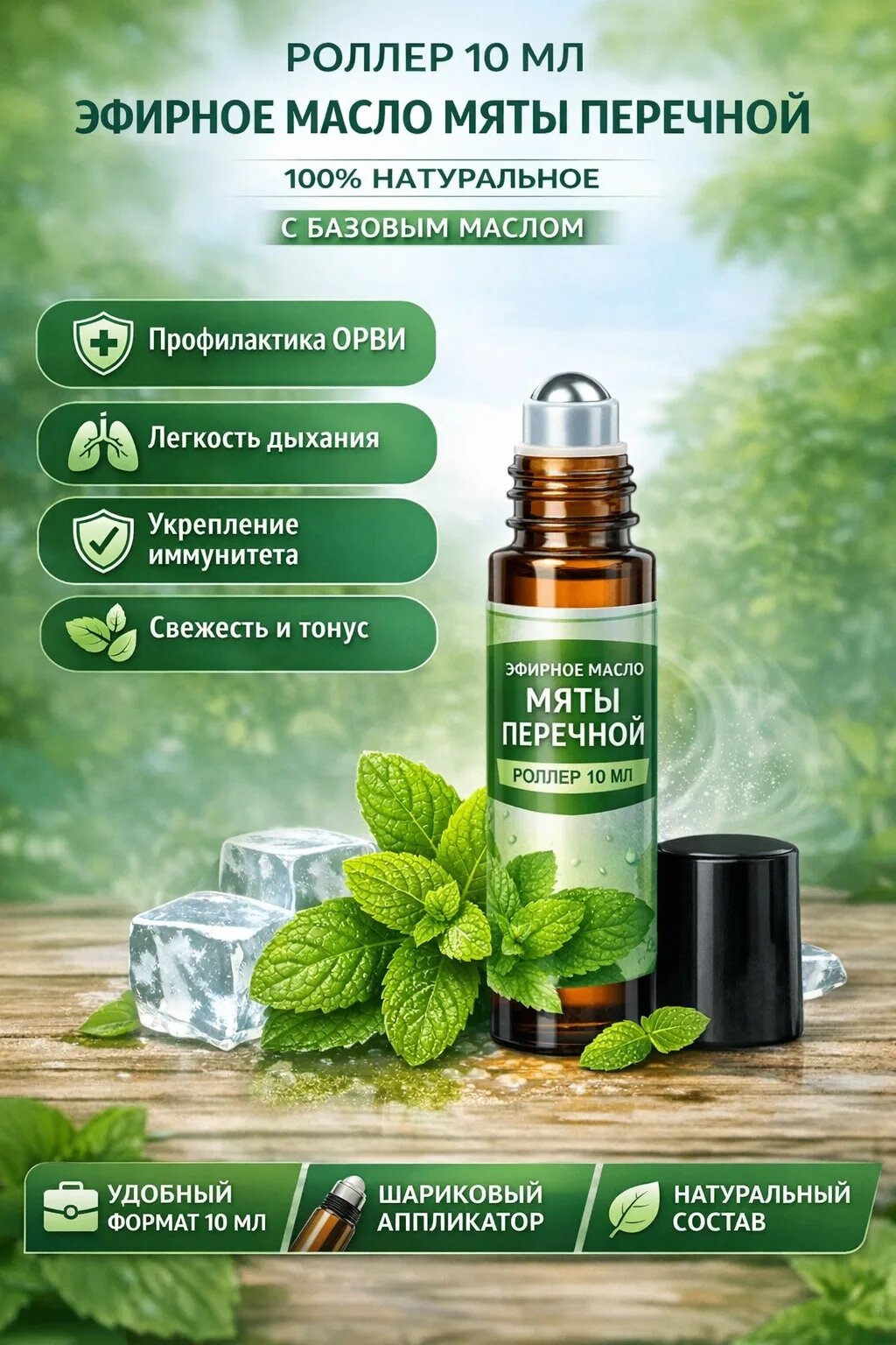 Роллер 10 мл, doTERRA, Мята перечная, от головной боли, панических атак, от тошноты