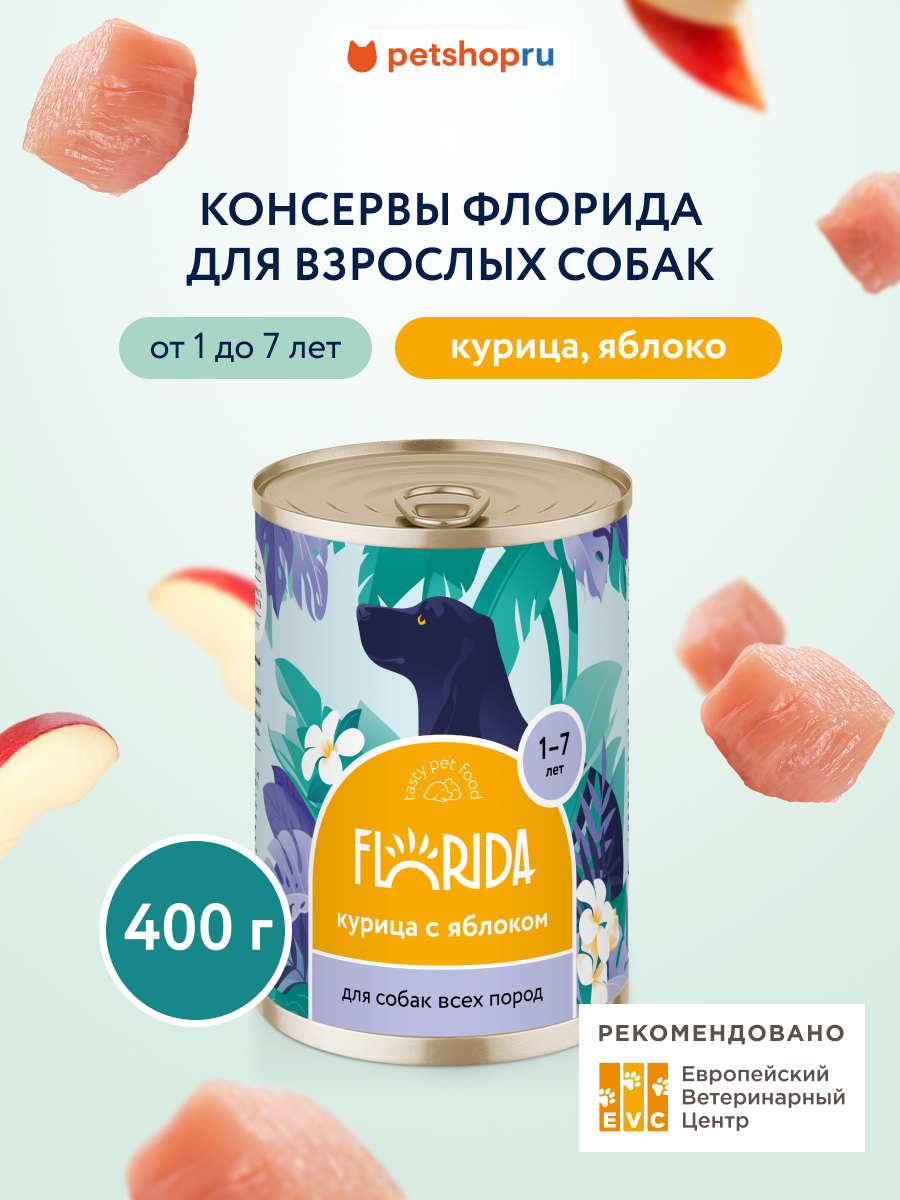 FLORIDA Консервы для собак, курица с яблоком, 1 шт, влажный корм, 400 г