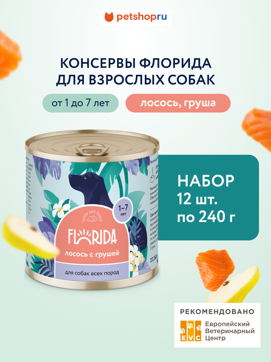 FLORIDA Консервы для собак, лосось с грушей, набор 12 шт по 240 г, влажный корм, 2,88 кг