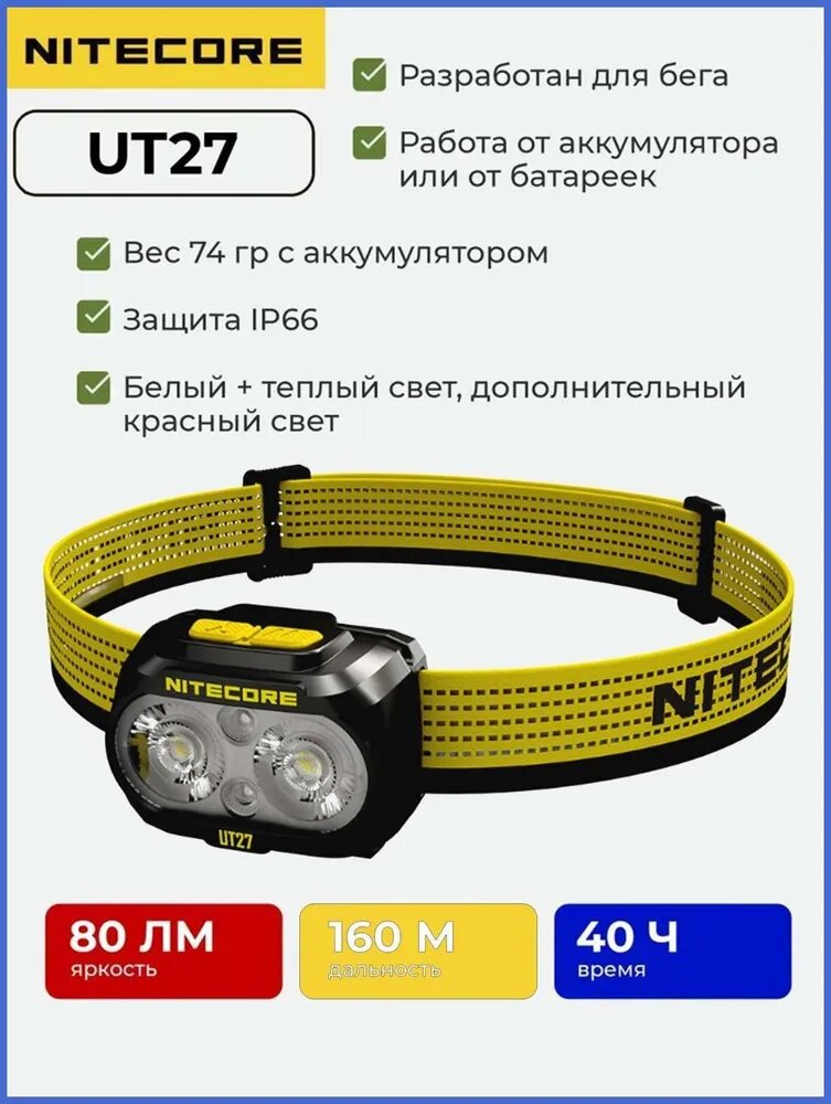 Налобный фонарь Nitecore UT27 для бега, аккумуляторный, 800 люмен, черный