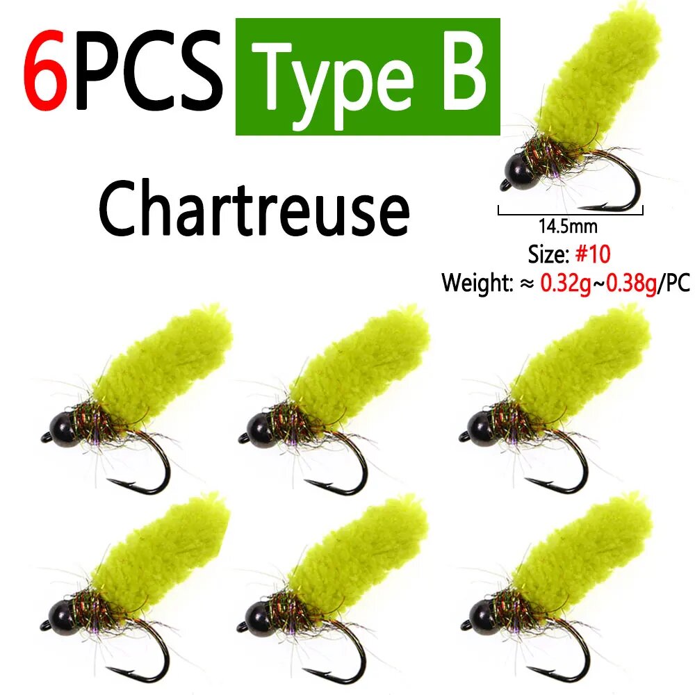 6 шт. мушки Bimoo Chartreuse Type B #10