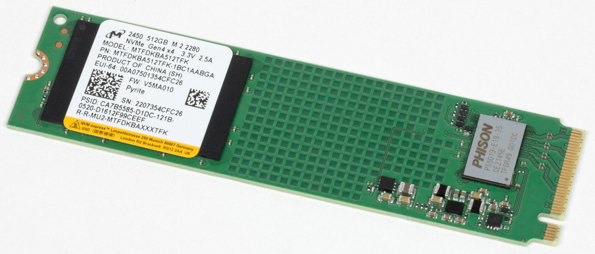SSD диск Micron 512 ГБ 2400 M.2 2280, PCIe Gen 4.0 x4, NVMe (чтение - 3700 Мб/с, запись - 1800 Мб/с), OEM
