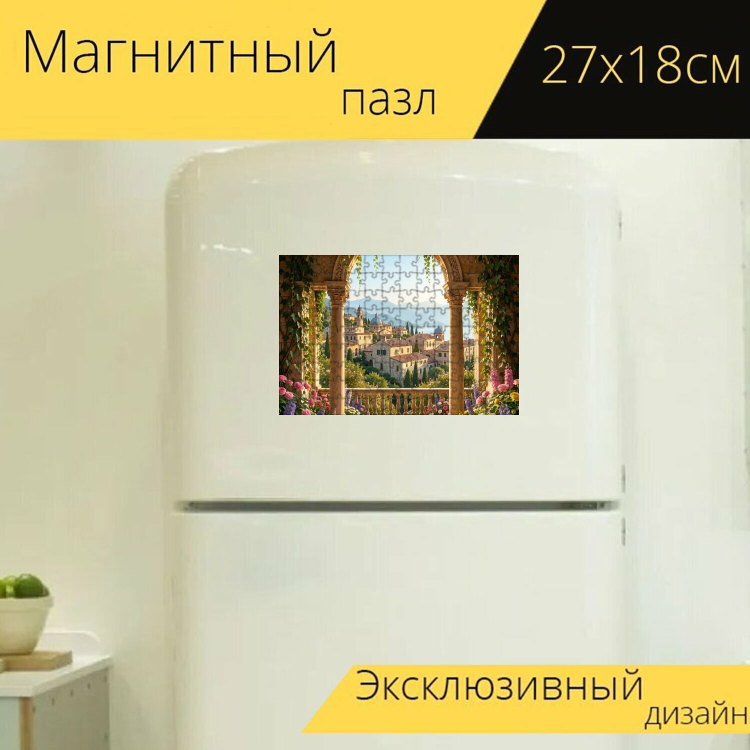 Магнитный пазл "Средиземноморский дворик с видом на море. Солнечная итальянская терраса с арками, колоннами, вьющимся плющом и яркими цветами. На фоне." на холодильник 27 x 18 см.