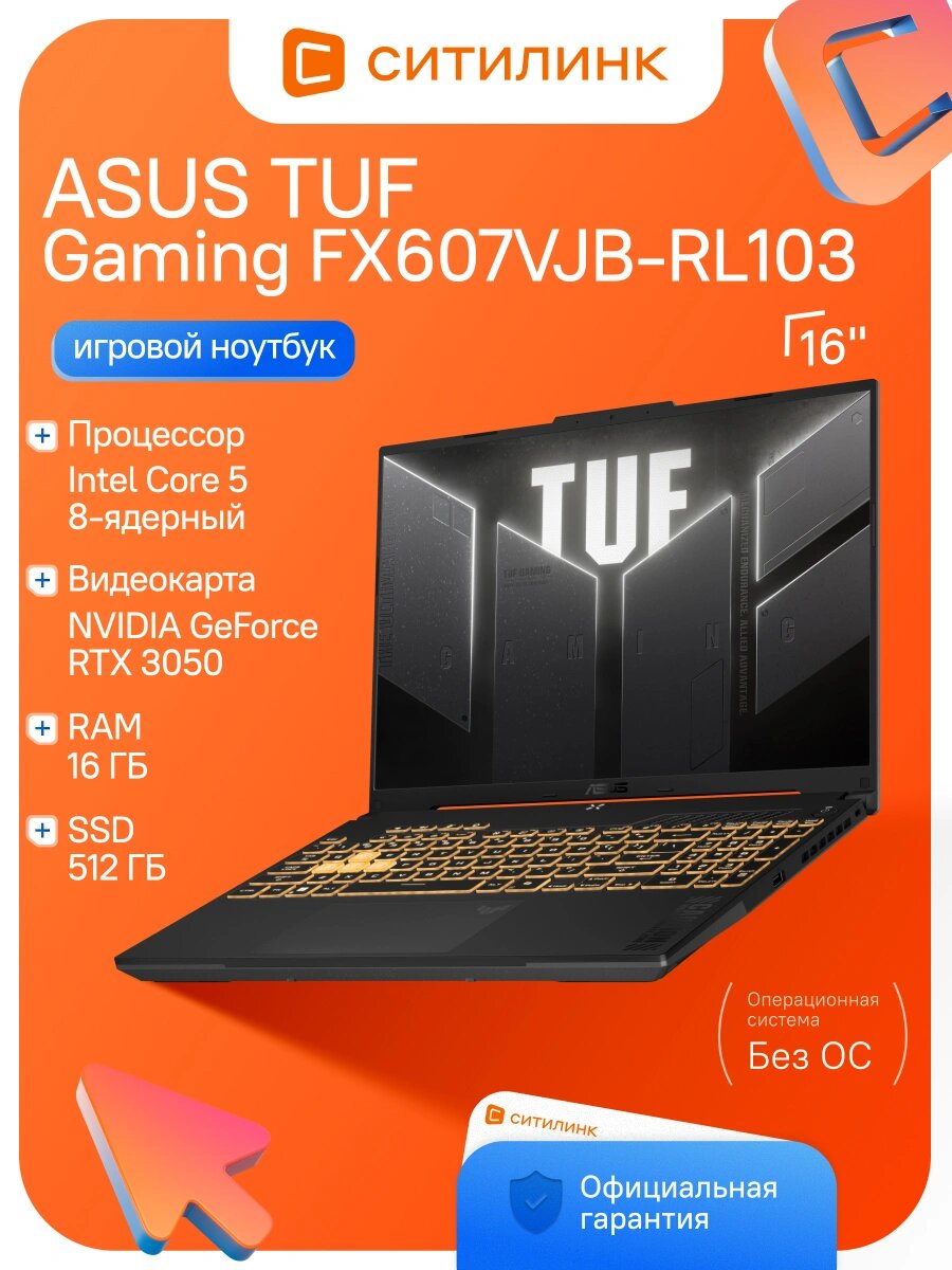 Ноутбук Asus 16" TUF Gaming FX607VJB-RL103 Core 5 210H/16Gb/SSD512Gb/6Gb/noOS/серый