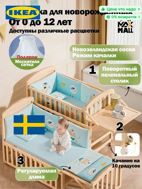 Детская кроватка «Домик роста» для новорождённых 0–12 лет — трансформер с пеленальным столиком и матрасом на колёсах