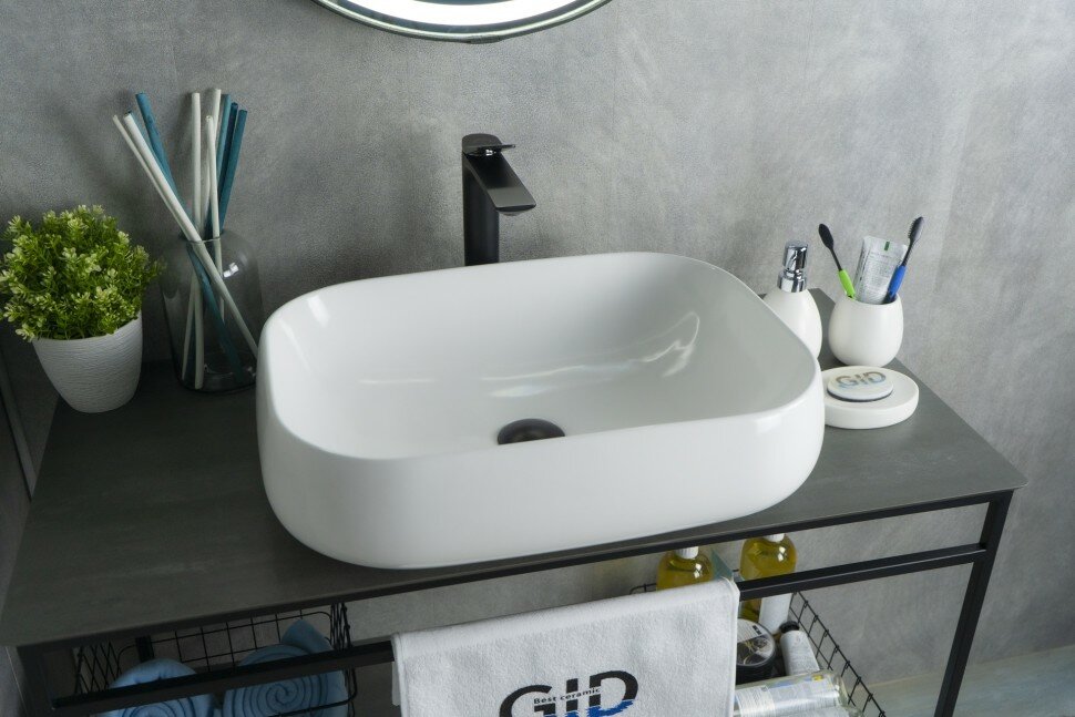 Раковина накладная Gid N9243, керамическая, прямоугольная, белая, 56 см x 42 см x 14 см
