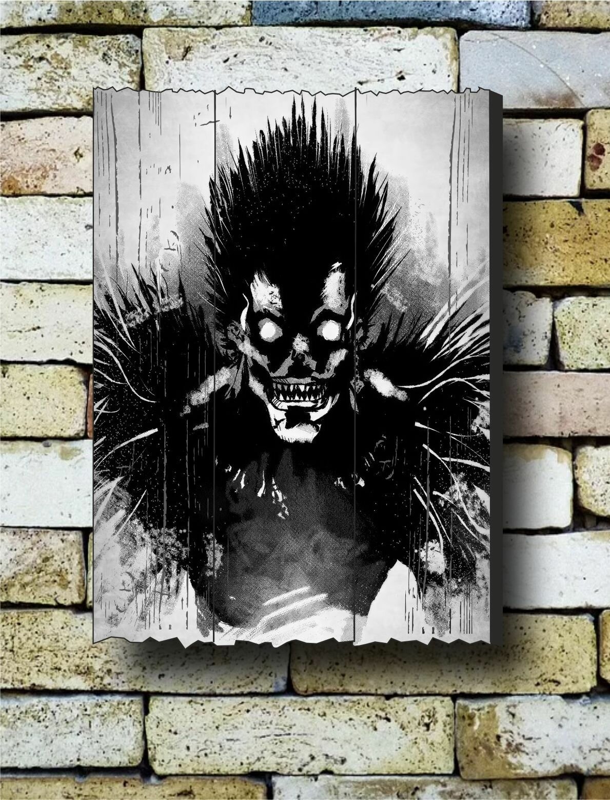 Картина на досках. Тетрадь смерти (Death Note). Рюк. Бог смерти. Черно-белый арт.
