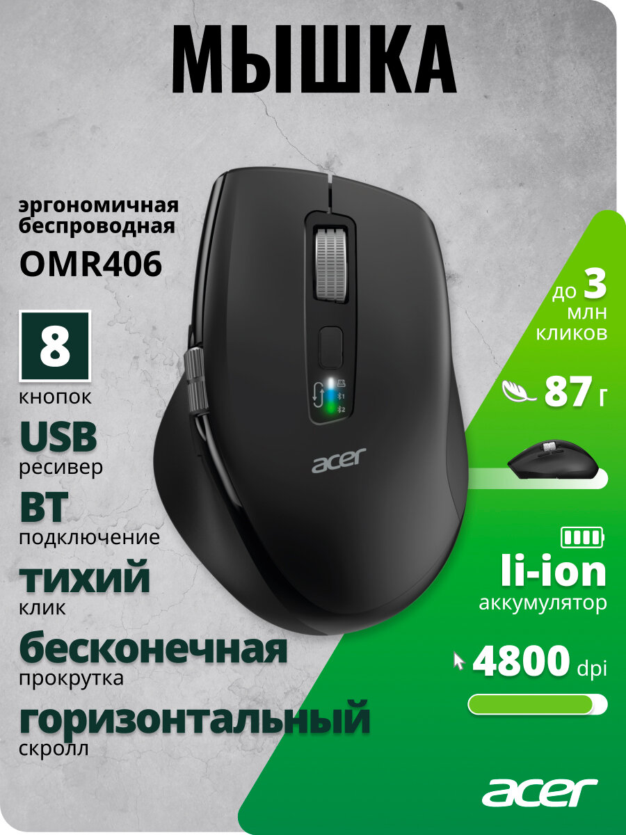 Мышь Acer OMR406, оптическая, беспроводная, USB, черный [zl. mceee.02w]