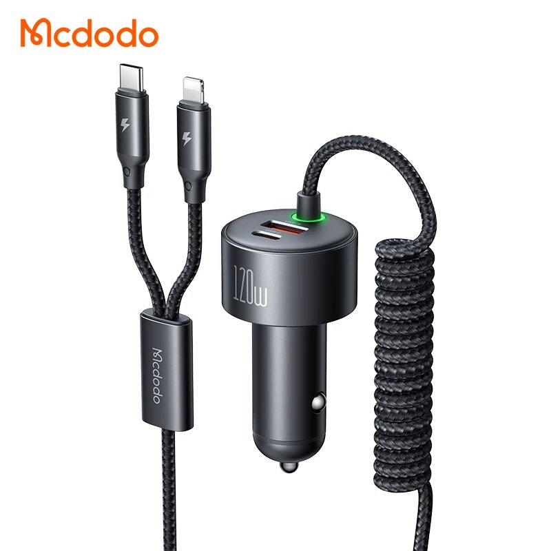 120 Вт 4-в-1 USB-C автомобильное зарядное устройство для iPhone Apple и ноутбука, быстрая зарядка с пружинным кабелем