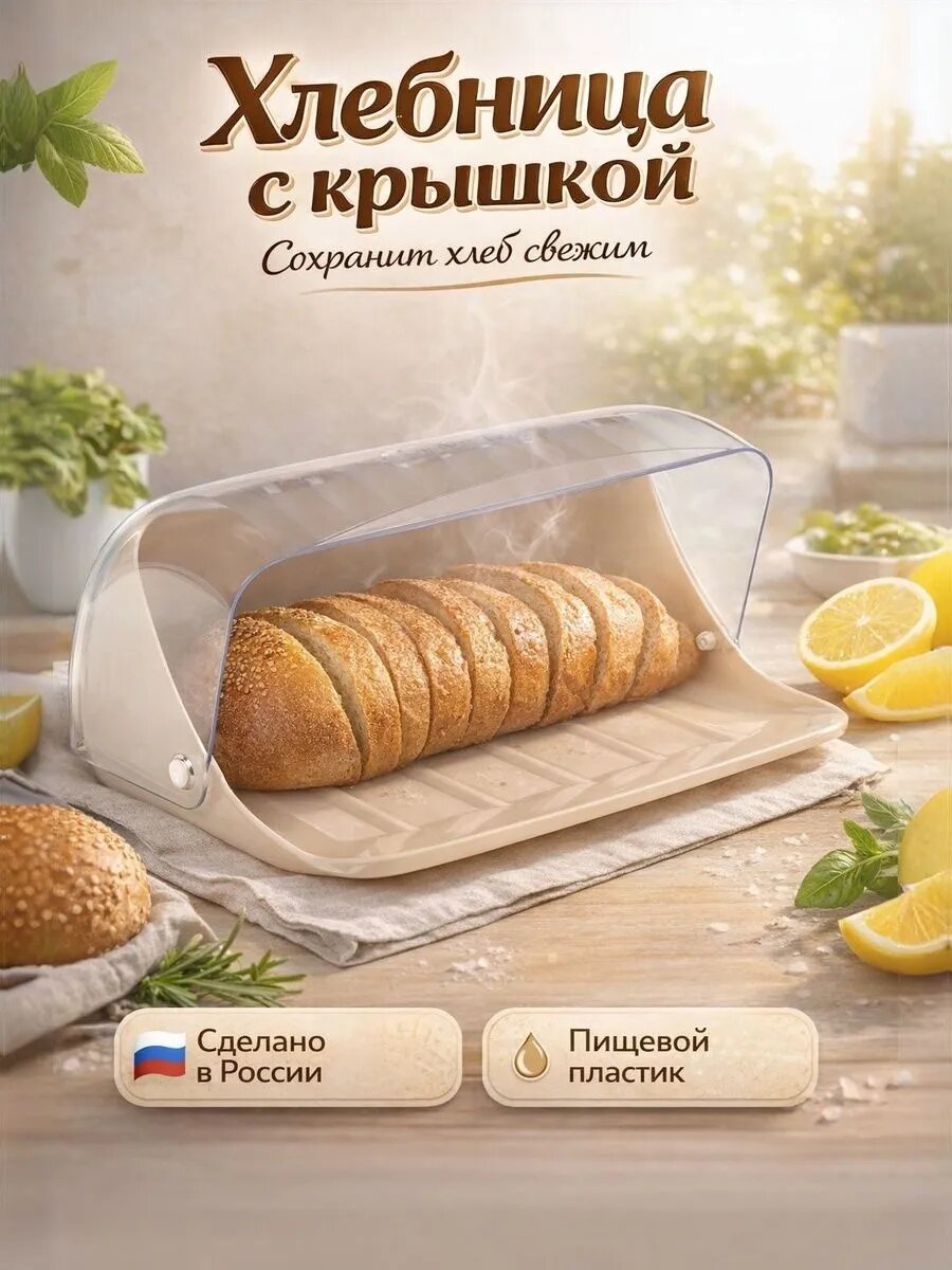 Хлебница пластиковая с крышкой «Изобилие», 32х25.5х15 см, цвет светло-бежевый