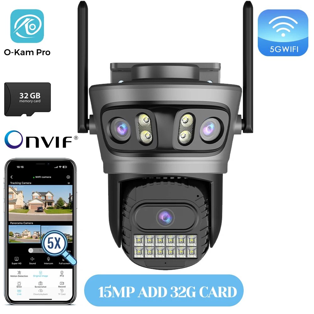20MP Внешняя камера с Wi-Fi 10K HD Трёхлинзовая охранная 5G PTZ IP-камера с 10-кратным цифровым зумом Линза с искусственным интеллектом для автоматического обнаружения и отслеживания человека-