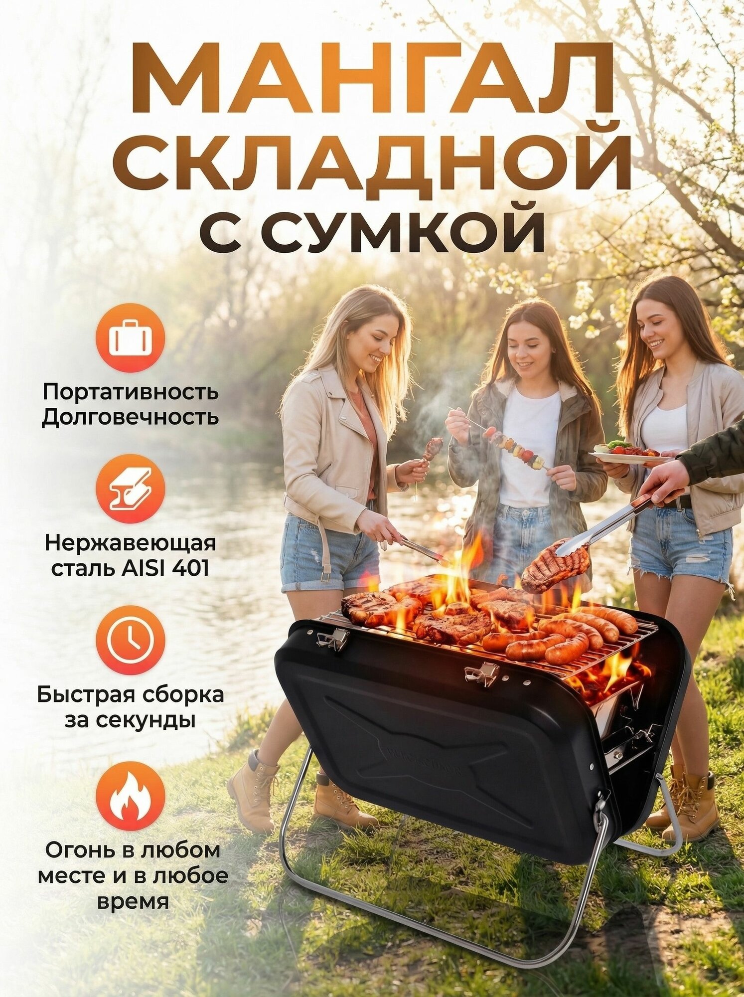 Мангал складной гриль в кейсе с чехлом средний черный