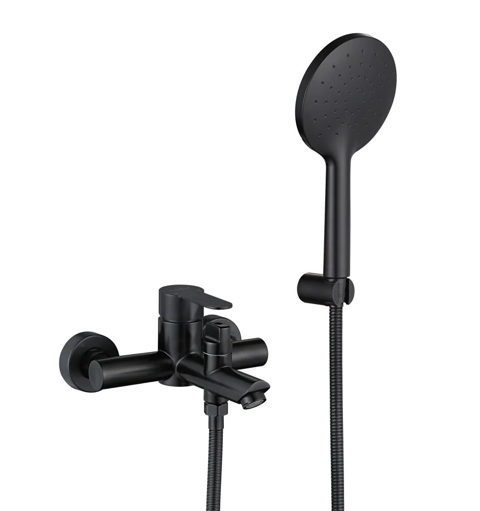 Смеситель для ванны с душем Fmark FS8204H с душевым гарнитуром, настенный, однорычажный, черный, матовый, из нержавеющей стали, с керамическим картриджем
