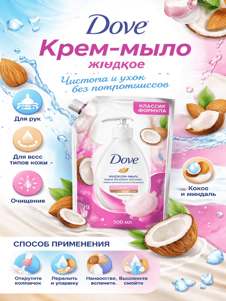 Крем-мыло жидкое Дав с кокосом и миндальным молочком, 500мл