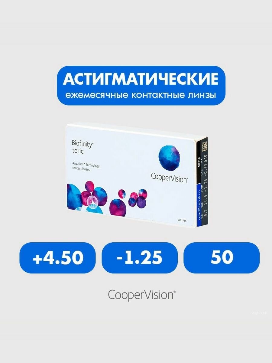 Biofinity Toric (3 линзы) +4.50 -1.25 50 Линзы контактные мягкие плановой замены