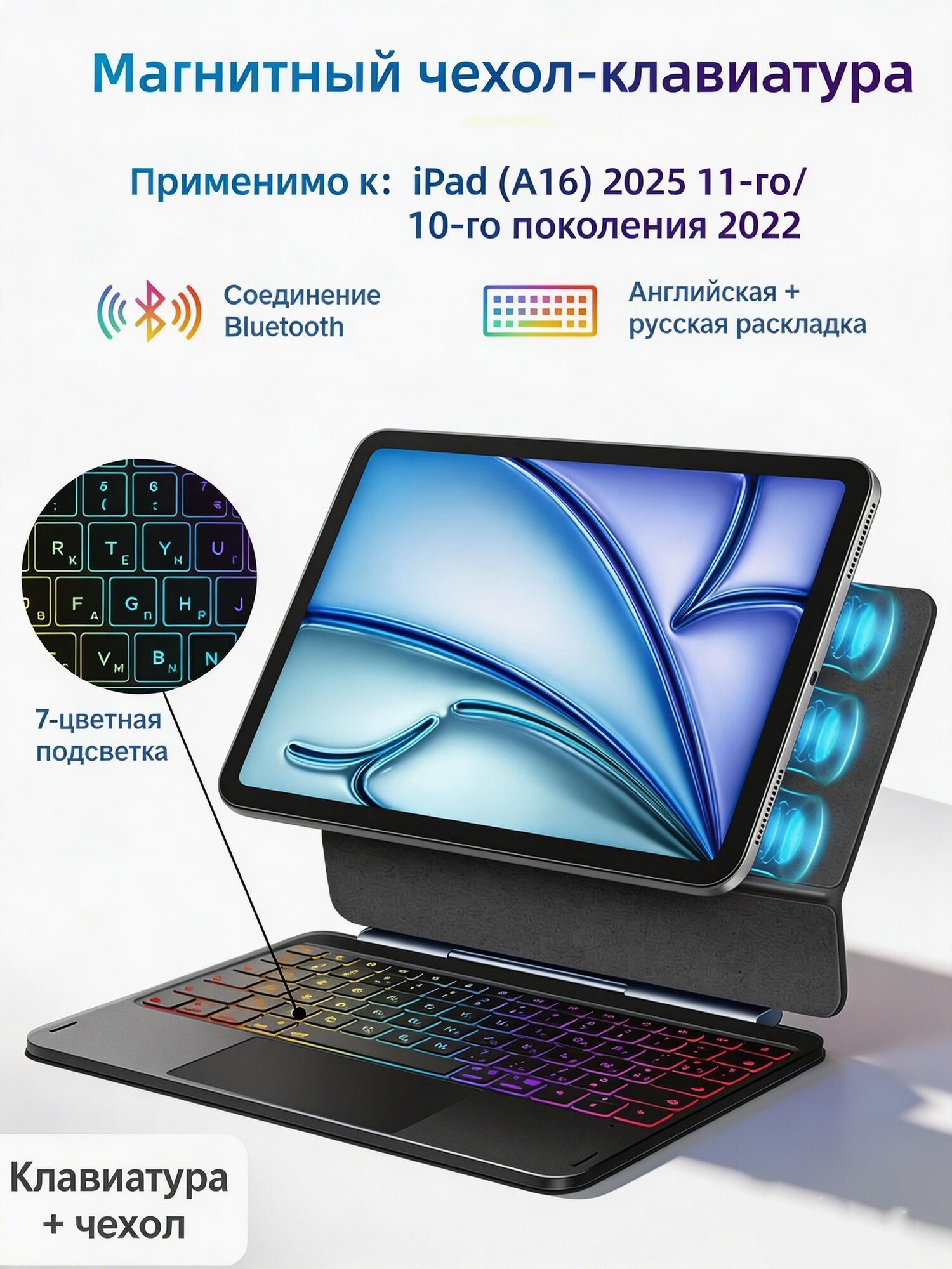 Магнитный чехол-клавиатура для IPad 11 2025 (A16）Сумма IPad 11 2022с подсветкой и сенсорной