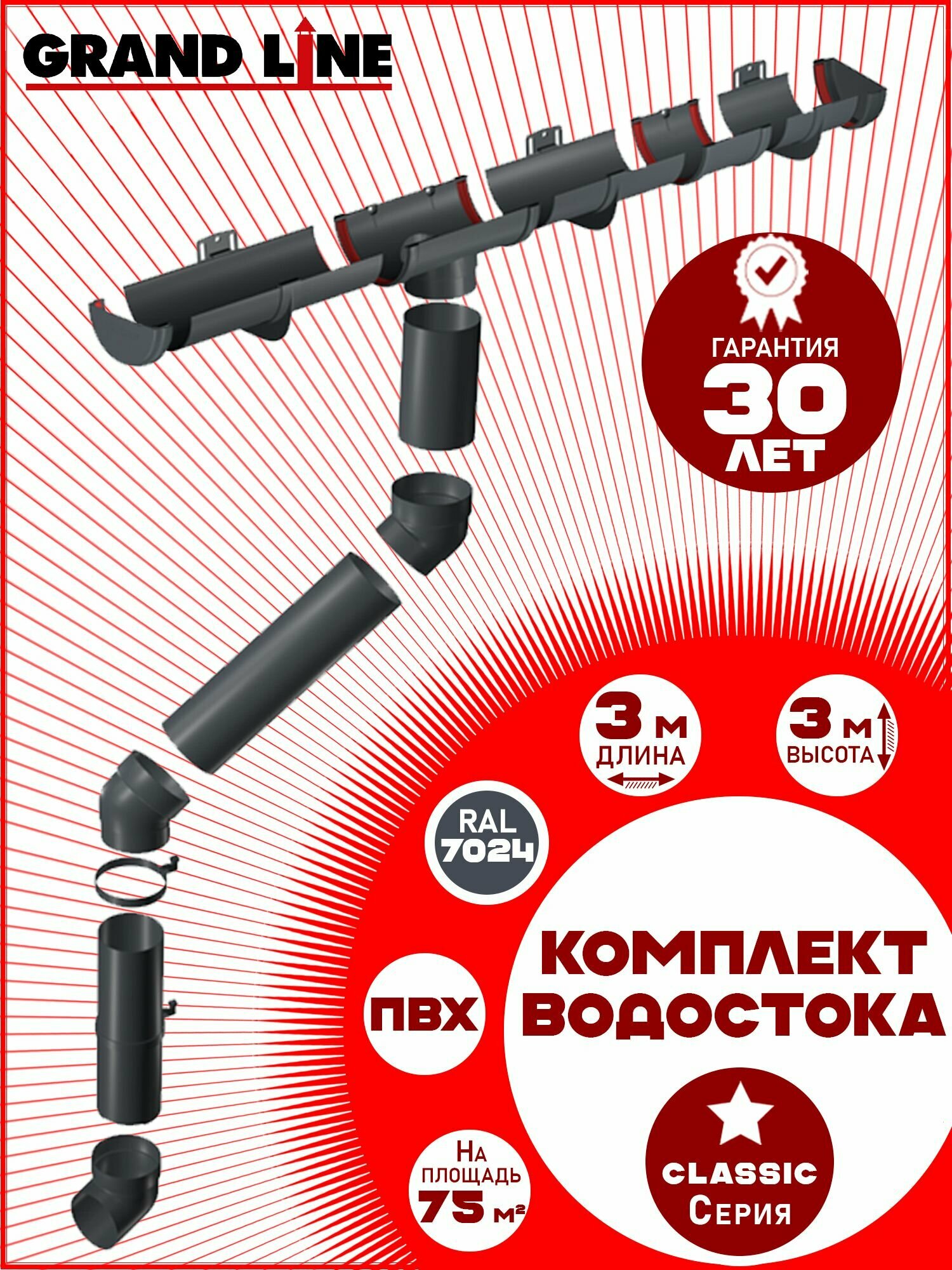 Комплект водосточной системы Grand Line на 3 м карниза по 1 метру (120мм/90мм) графит RAL 7024, набор элементов водостока для крыши пластик Гранд Лайн ( серый ) ПВХ