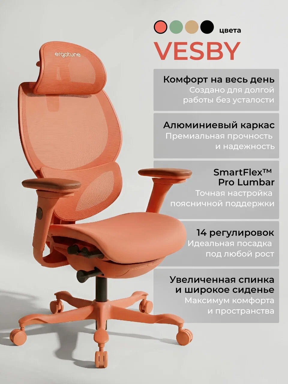 Кресло компьютерное эргономичное ортопедическое Ergotune Vesby CORAL