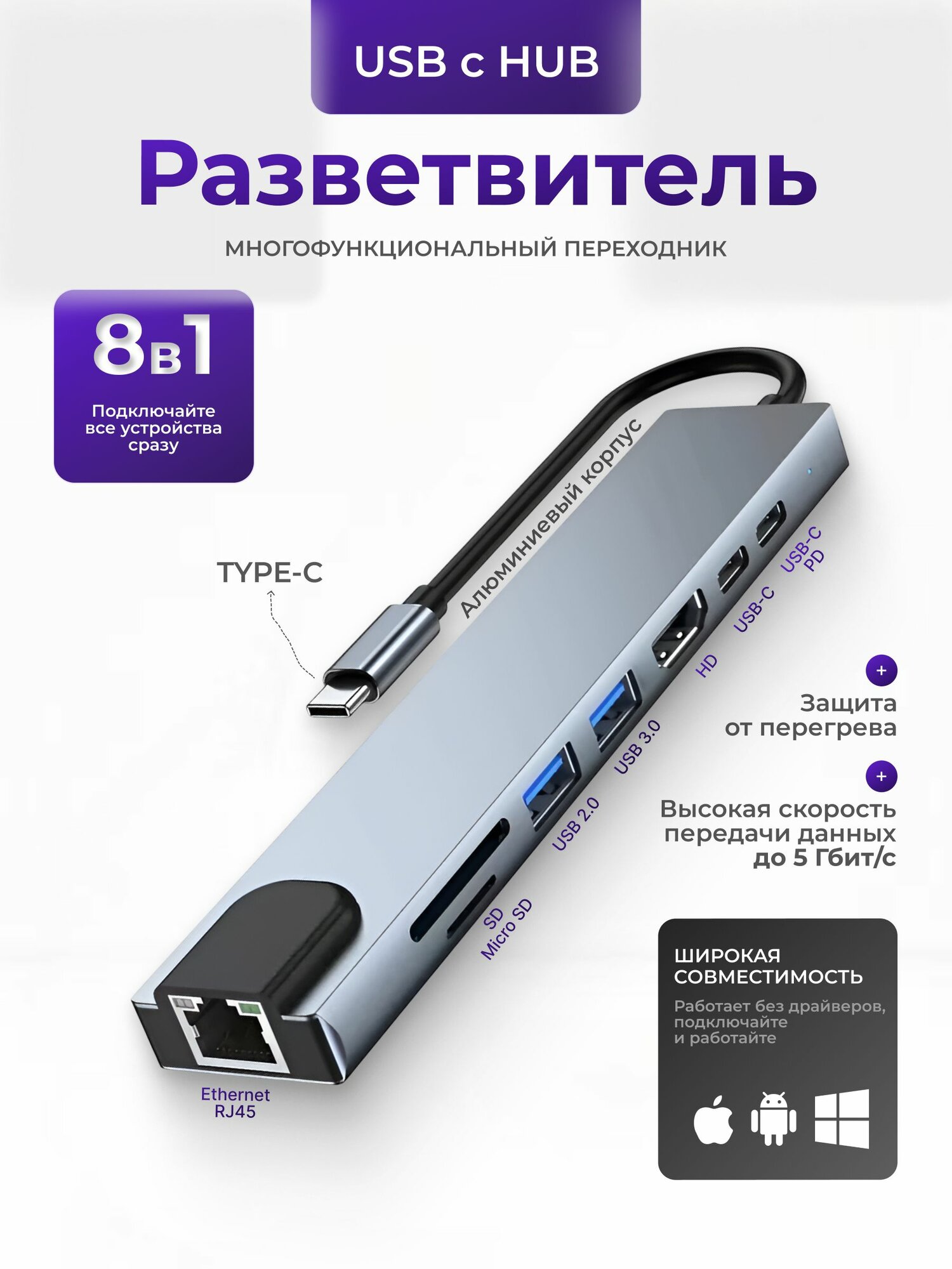 Хаб 8 в 1 / HUB разветвитель для периферийных устройств / HDMI 4K, USB 3.0, RJ45, картридер / для MacBook