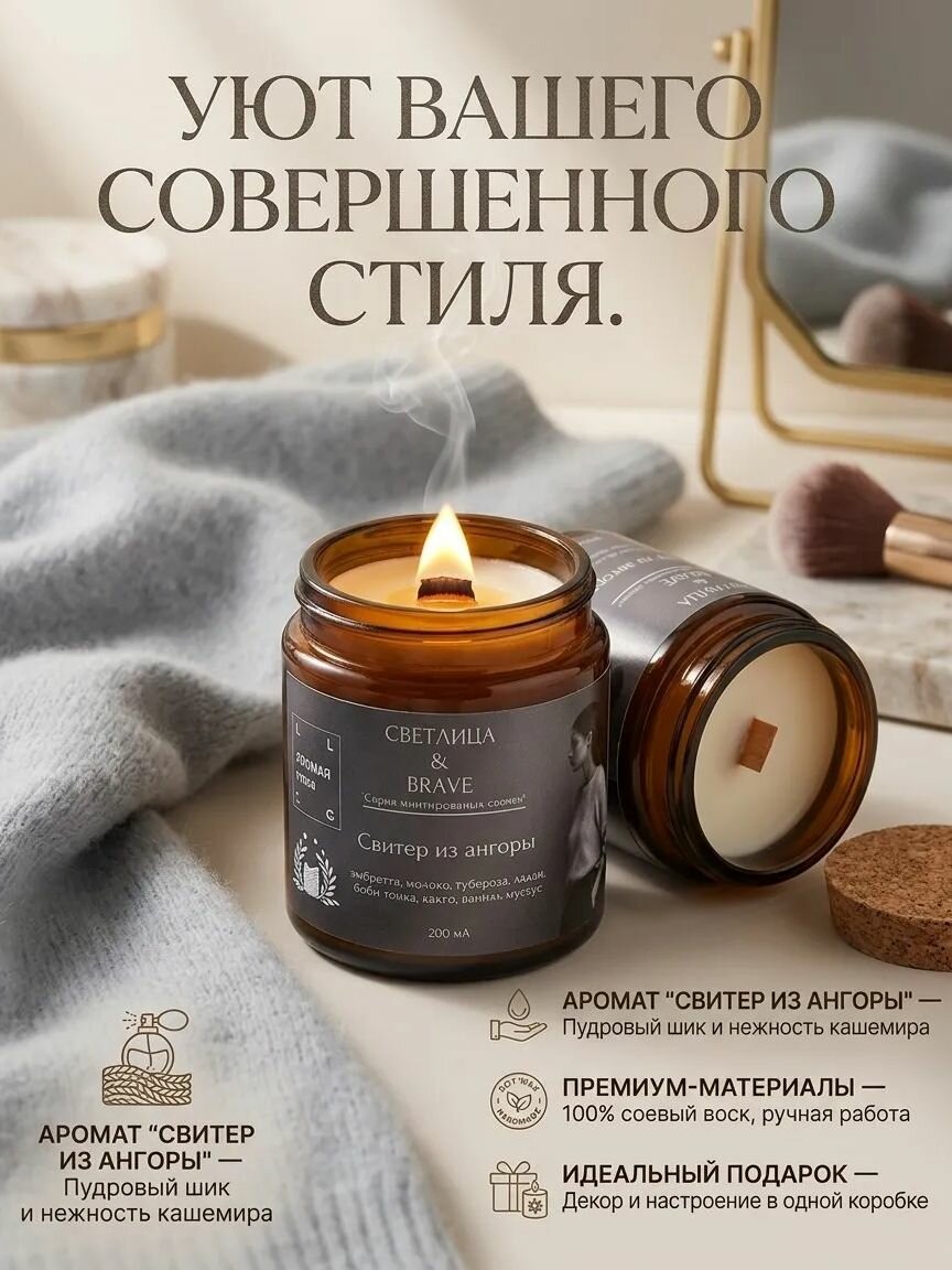 Ароматическая свеча "Свитер из ангоры", коллекция Недели моды, BRAVE и Светлица, 200 мл