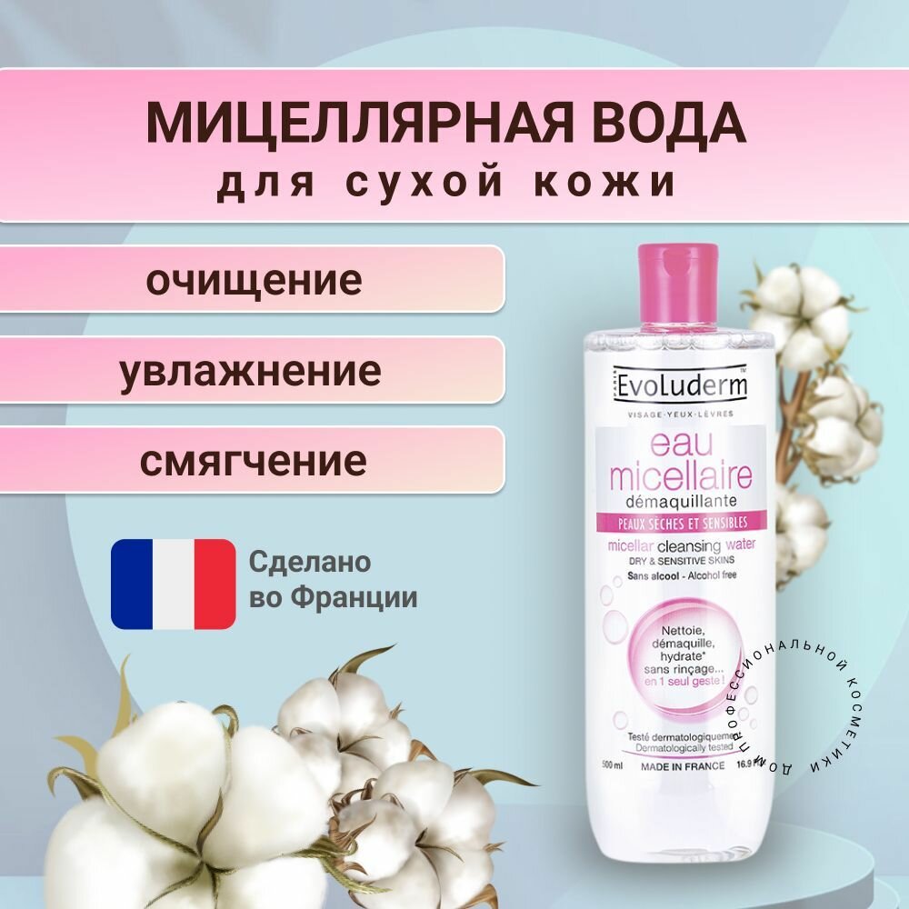 Evoluderm Мицеллярная вода для снятия макияжа для сухой и чувствительной кожи Micellar Cleansing Water for Dry & Sensitive Skin, 500 мл
