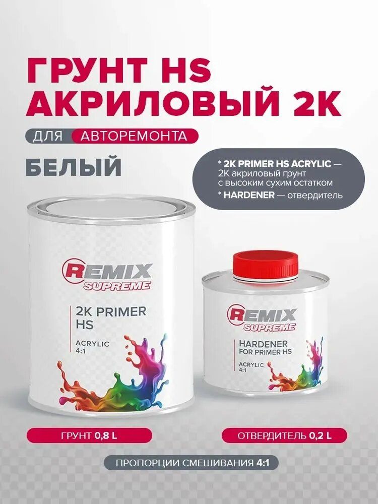 Грунтовка для автомобиля 2К HS (с высоким сухим остатком) 4+1 белая 0,8 л + 0,2 л отвердитель, акриловая / REMIX SUPREME / грунт автомобильный двухкомпонентный для ремонта кузова