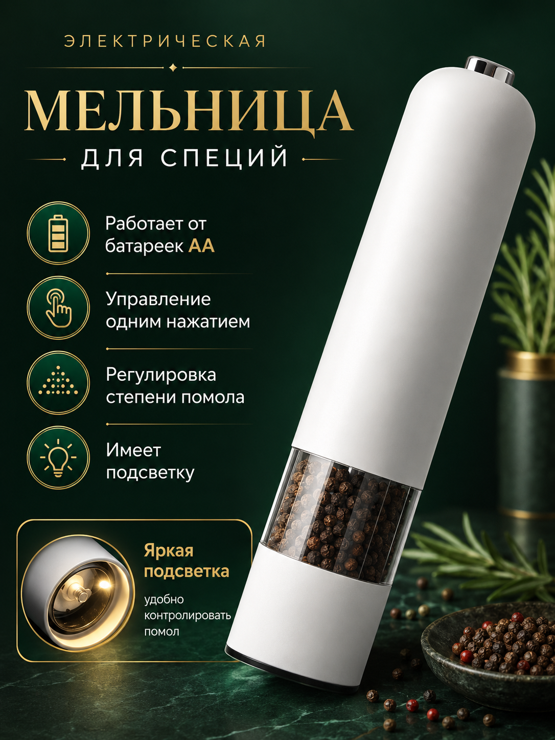 Электромельница для соли и перца, Электрическая мельница для специй с подсветкой, Мельница для помола специй, Белый