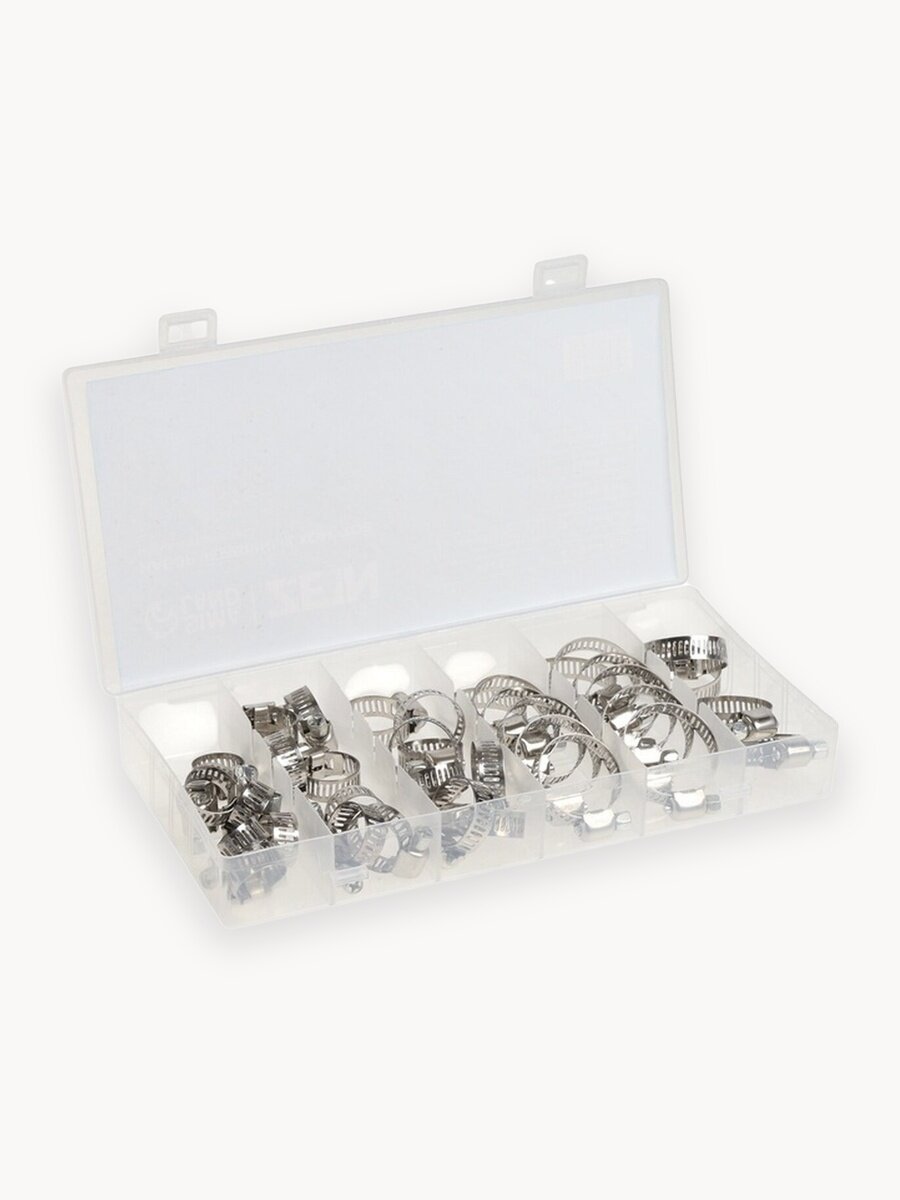 Набор червячных хомутов ZEIN engr, сквозная просечка, от 6 до 29 мм, нерж. сталь, 40 шт