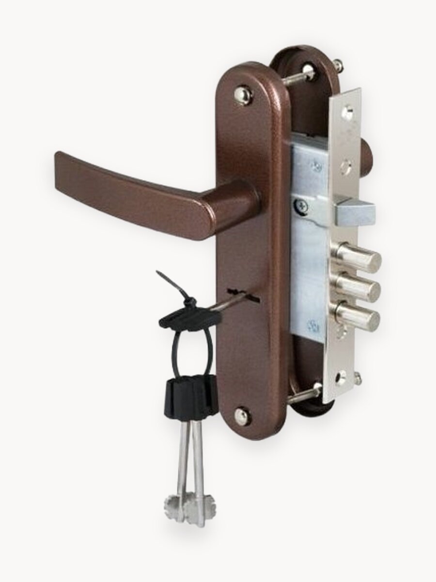 Замок врезной сувальдный с защёлкой в комплекте с ручкой Сам ЗВ9-8/13 (медный антик), 3 кл. /84301/