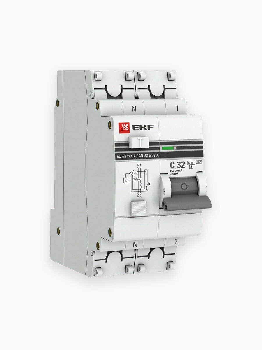 Дифференциальный автомат АД-32 1P-N 32А-30мА (хар. C, A, электронный, защита 270В) 6кА EKF PROxima